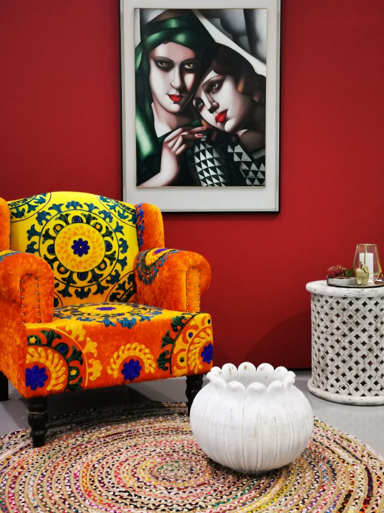 YELLOW ORANGE HAND EMBROIDERED ARM CHAIR - Chisel and Log