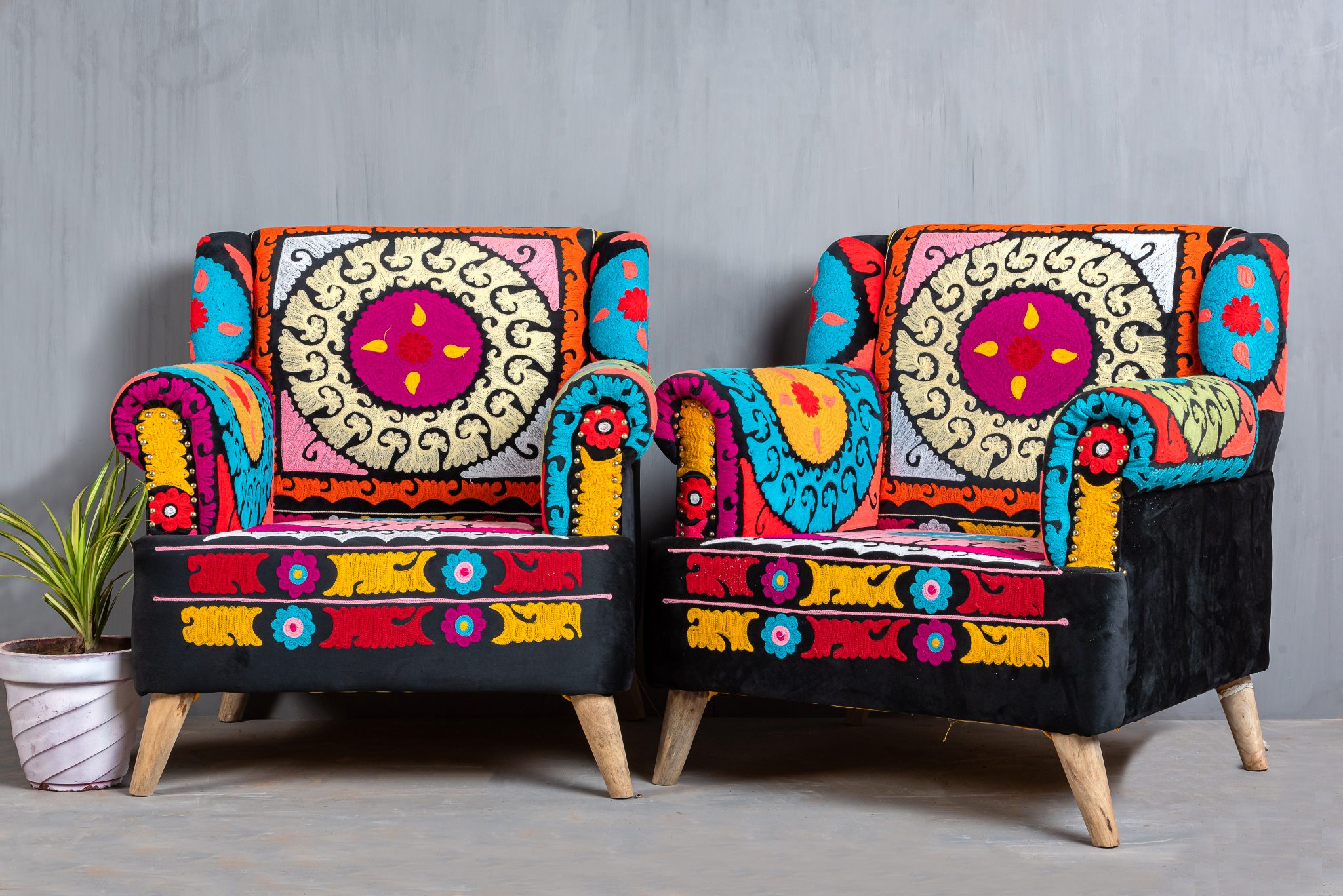 BLUE GREY HAND EMBROIDERED ARM CHAIR - Chisel and Log