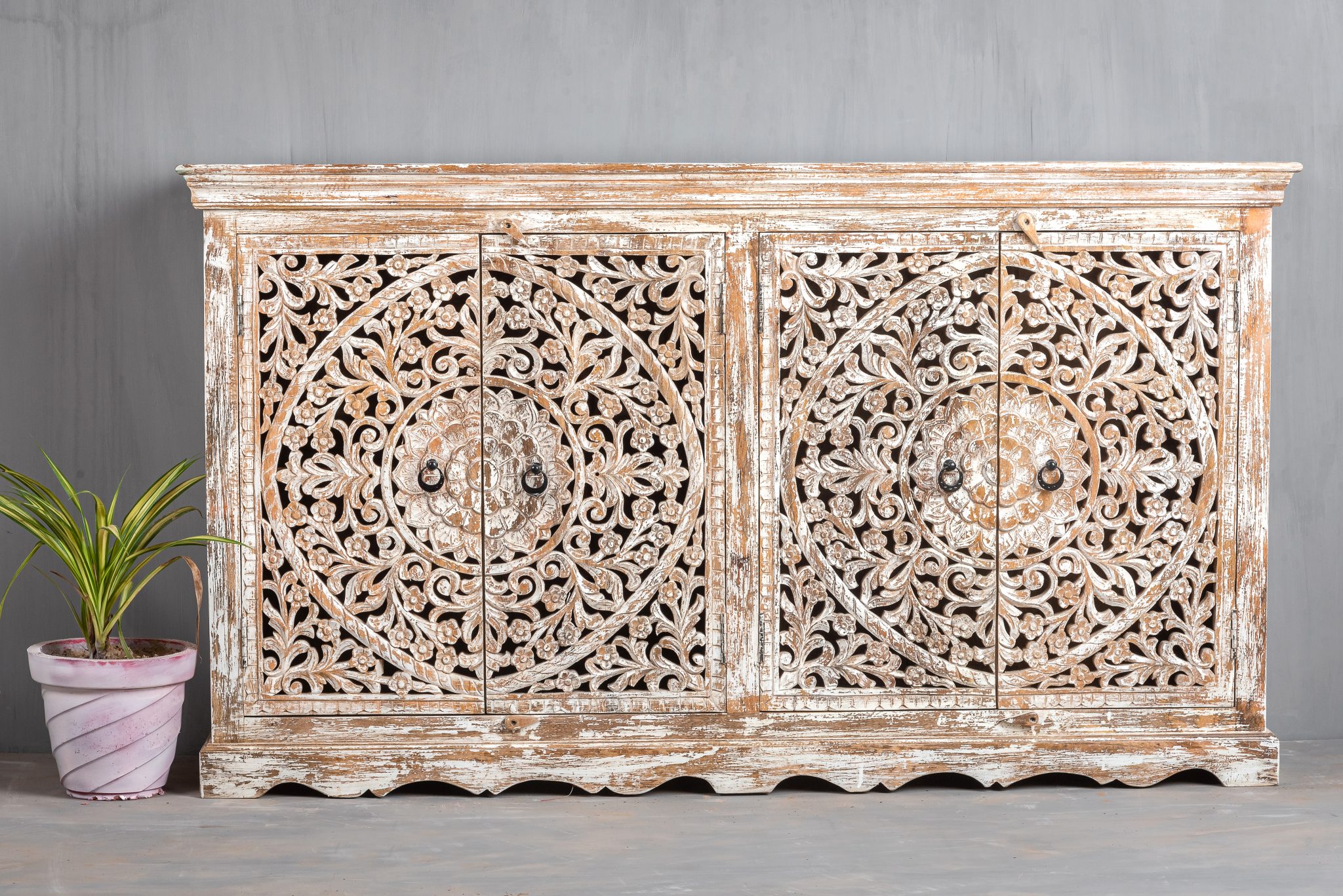 DISTRESSED CARVED INDIAN SIDEBOARD - Chisel and Log