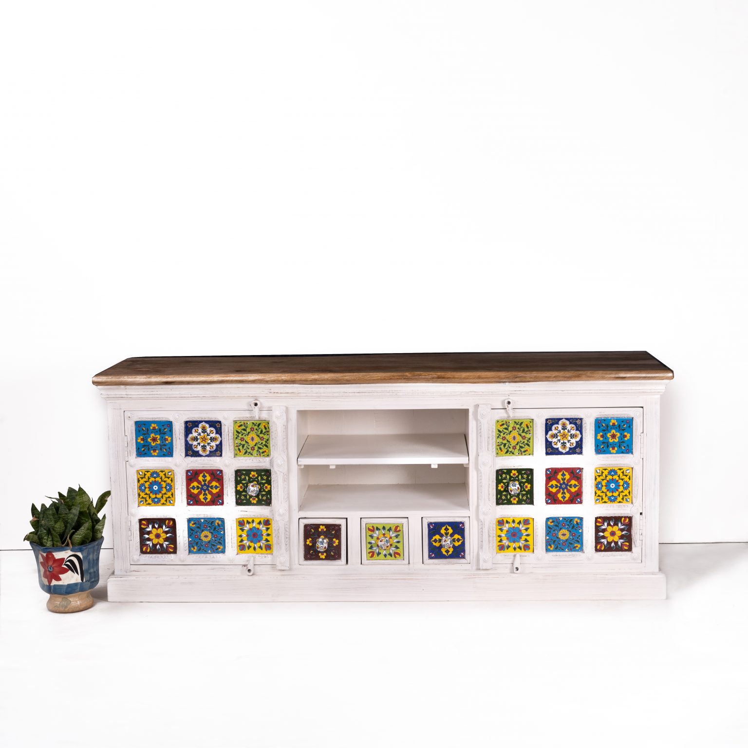 BROWN TOP HAND PAINTED TILE TV CABINET - Chisel and Log