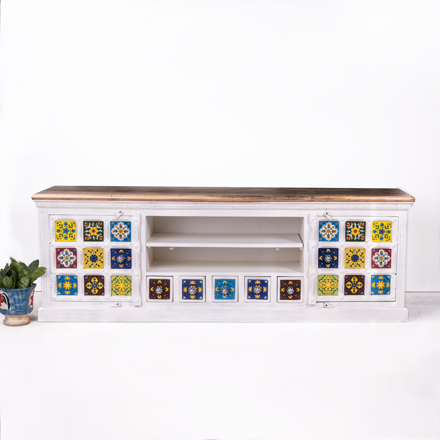 BROWN TOP HAND PAINTED TILE TV CABINET - Chisel and Log