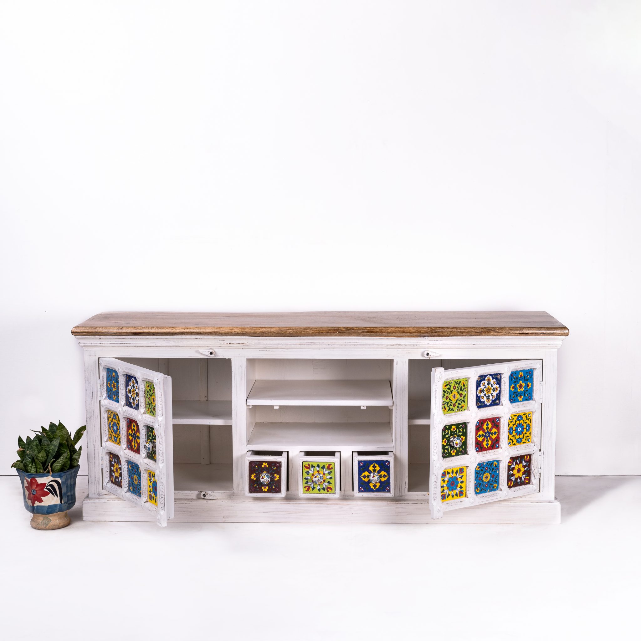 BROWN TOP HAND PAINTED TILE TV CABINET - Chisel and Log